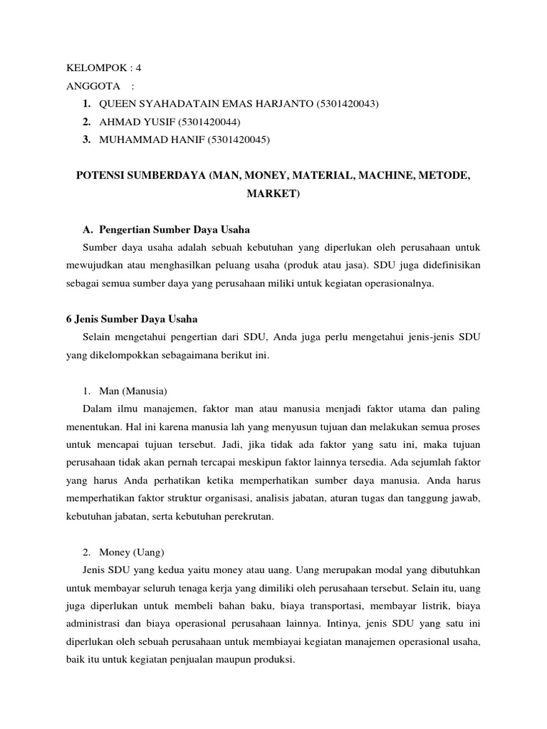 Kelompok 4 - Tugas Technopreneurship - Potensi Sumberdaya (Man, Money ...