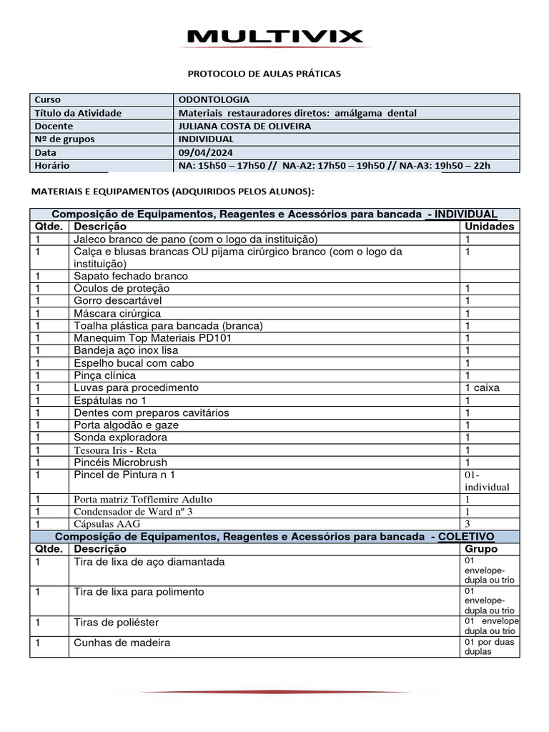 Protocolo de Aulas Práticas Mat - Dent - 09.04 | PDF