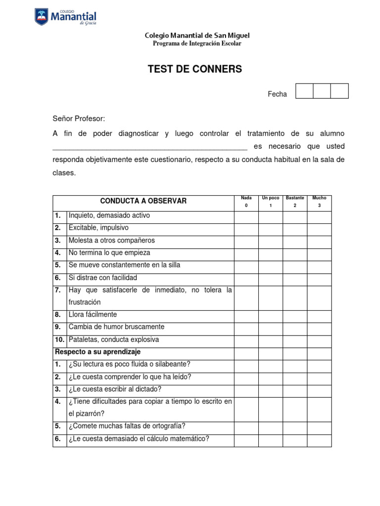 TEST de CONNERS Institucional | PDF