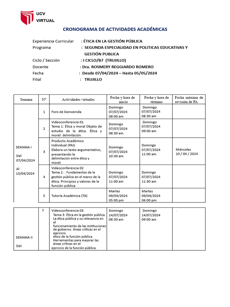 CRONOGRAMA DE ACTIVIDADES 2024-I Aula B7 | PDF