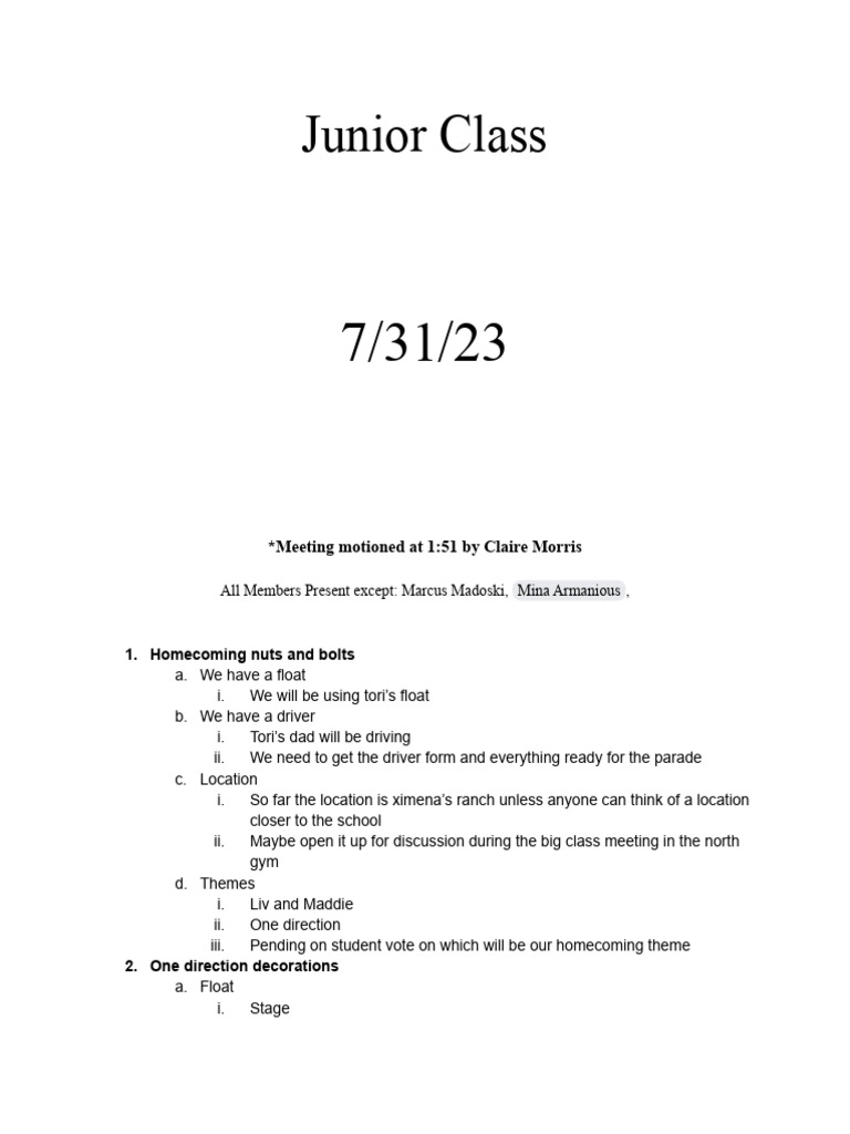 Junior Class Minutes Homecoming Discussion 1 | PDF
