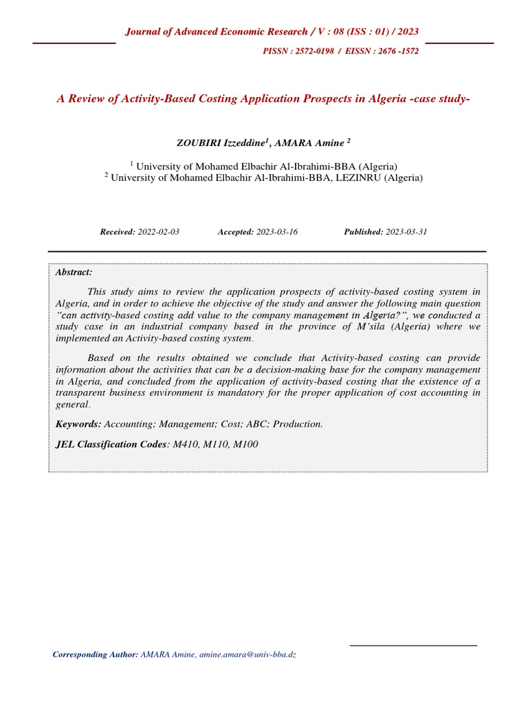 A Review of Activity Based Costing Application Prospects in Algeria ...
