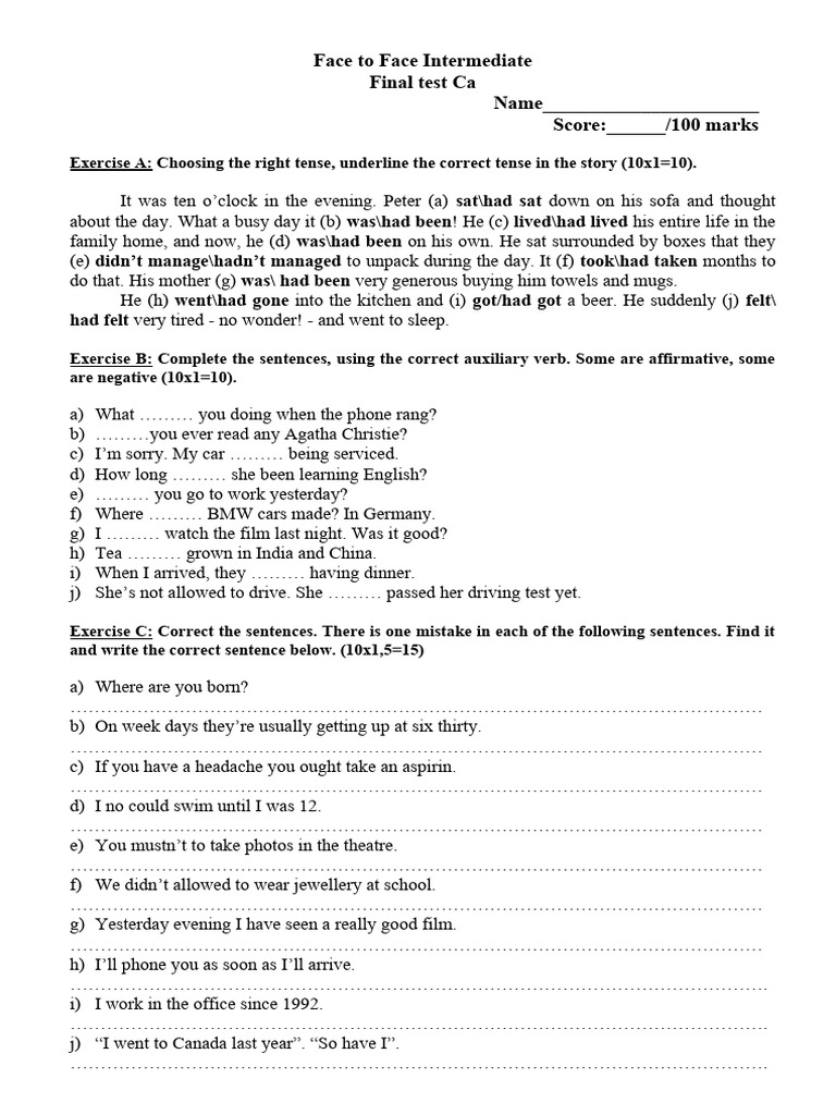 Face to Face Intermediate Final Test | PDF | Linguistics | Language ...