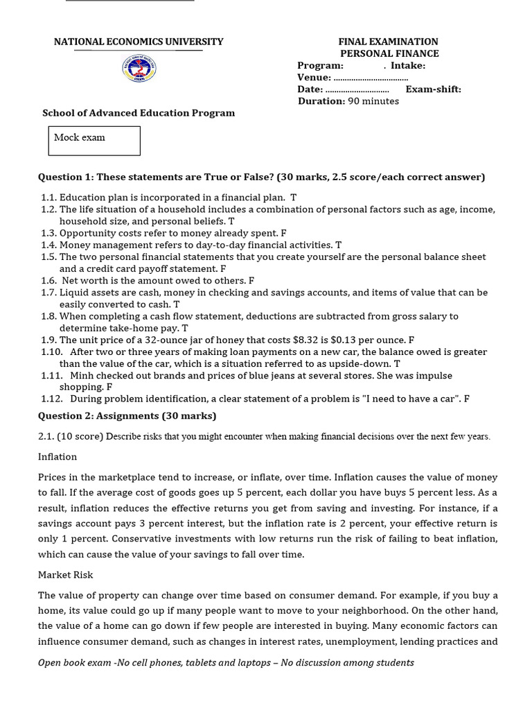 Personal Finance Final Exam Guide | PDF | Inflation | Investing