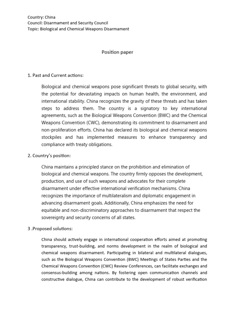 Position paper-Biological and Chemical Weapons Disarmament | PDF ...