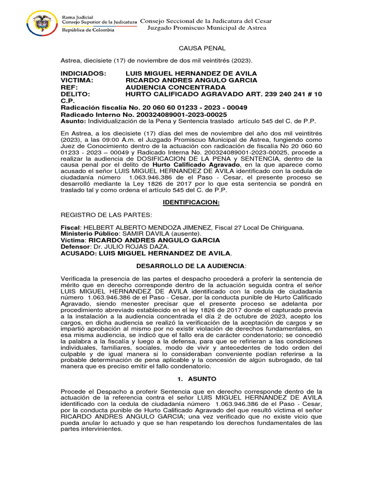 Sentencia 2023 025 LUIS MIGUEL HERNANDEZ DE AVILA HCA Aceptacion Cargos | PDF | Castigos | Prisión