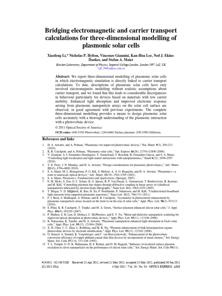 Oe 19 S4 A888 - Plasmonic | PDF | Plasmon | Solar Cell Oe 19 S4 A888 - Plasmonic | PDF | Plasmon | Solar Cell