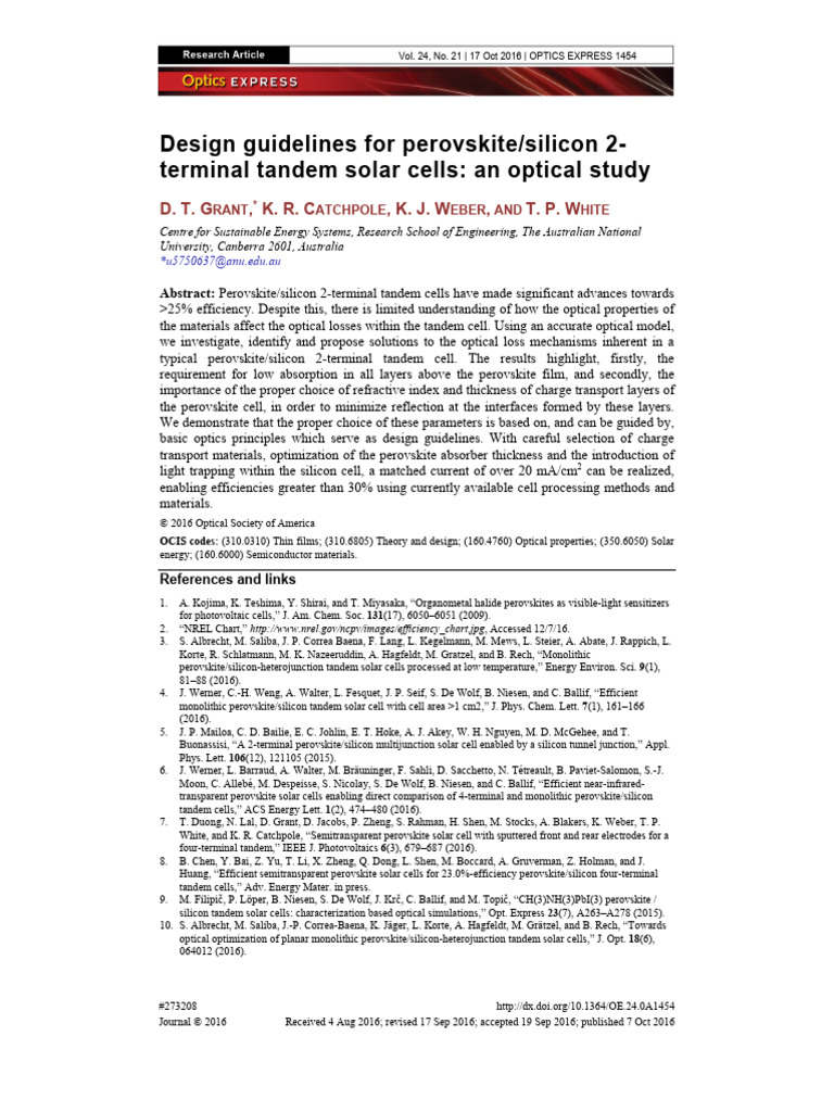 oe-24-22-A1454-Design Guidelines For Perovskite-Silicon-Tandem-2016 | PDF | Solar Cell | Optics