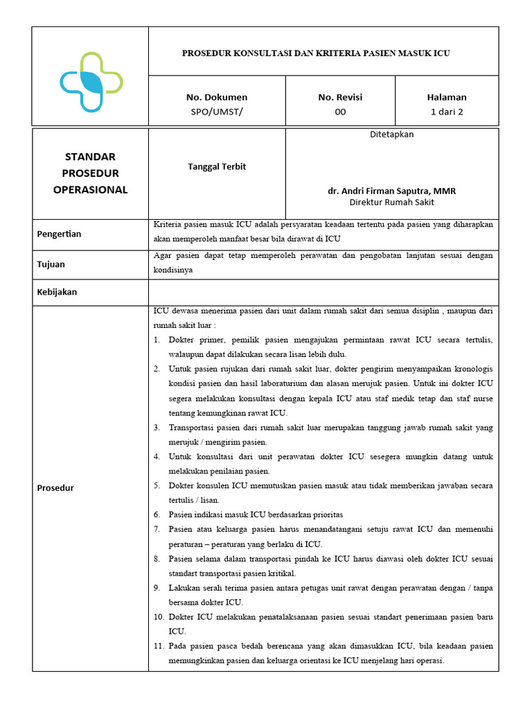 SPO Prosedur Konsultasi Dan Kriteria Pasien Masuk ICU | PDF