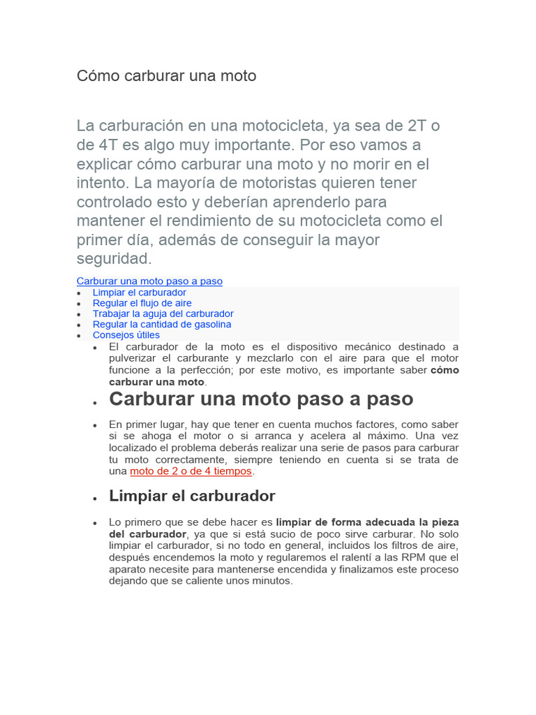 Guía para Carburar una Moto Eficazmente | PDF | Carburador | Motocicleta