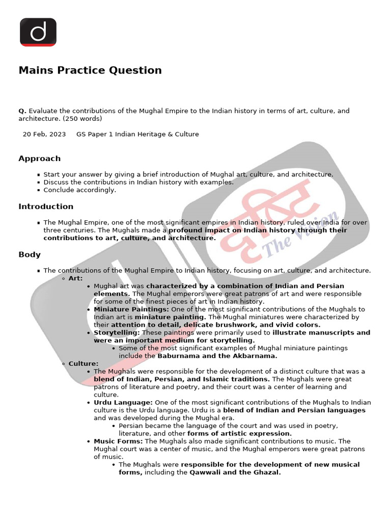Mains Practice Question: Approach | PDF | Mughal Empire | Paintings