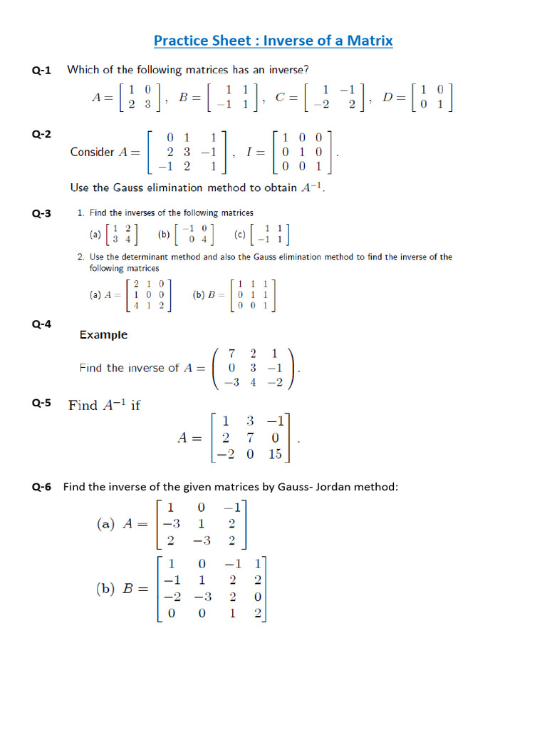 Inverse of A Matrix - Practice Sheet | PDF