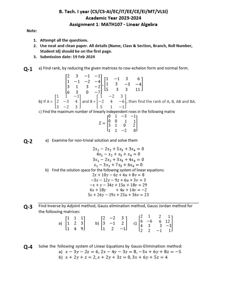 MATH107 Btech Assignment 1 Jan2024 | PDF | Matrix (Mathematics) | Eigenvalues And Eigenvectors