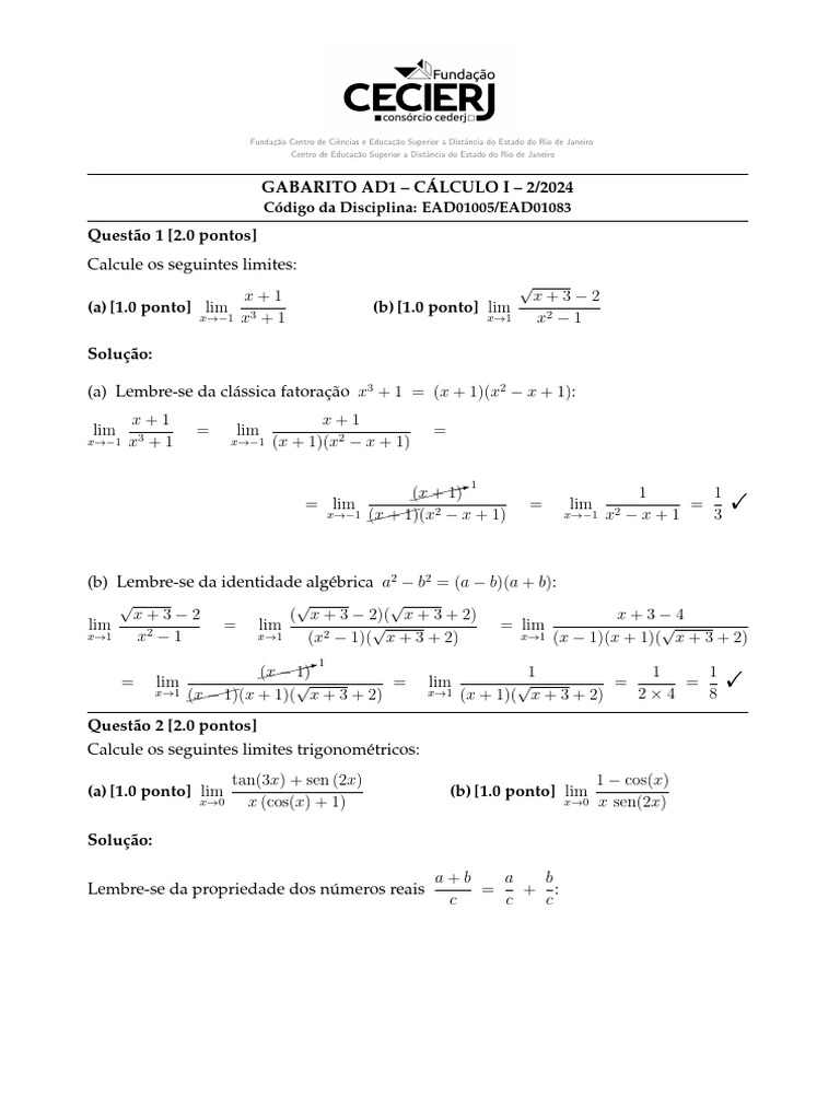 Gabarito AD1 - 2024-1 | PDF | Limite (Matemática) | Conceitos matemáticos