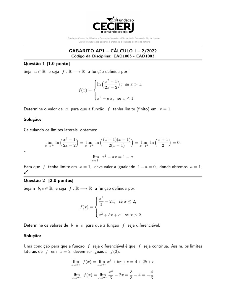 2022.2 AP1 CI Gabarito | PDF | Derivado | Cálculo