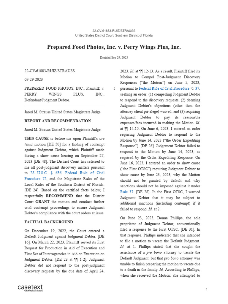 Prepared Food Photos Inc V Perry Wings Plus Inc PDF Judgment