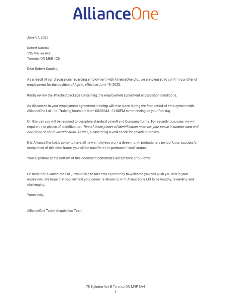 AllianceOne Offer Letter - Canada 2023-06-07 | PDF | Employment ...