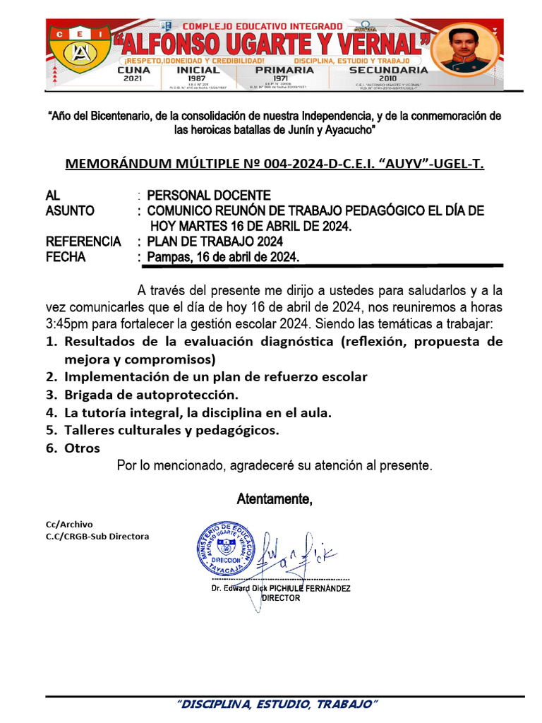 Memorándum Múltiple #004-2024 Comunico Reunión de Trabajo | PDF