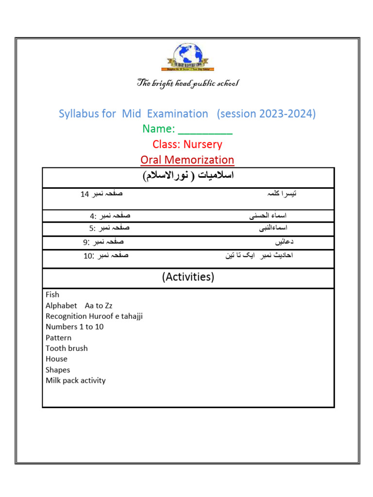 Nursery Mid Term Syllabus 2023-2024 | PDF