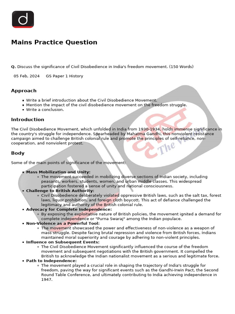 Mains Practice Question: Approach | Download Free PDF | Civil Disobedience | British Raj