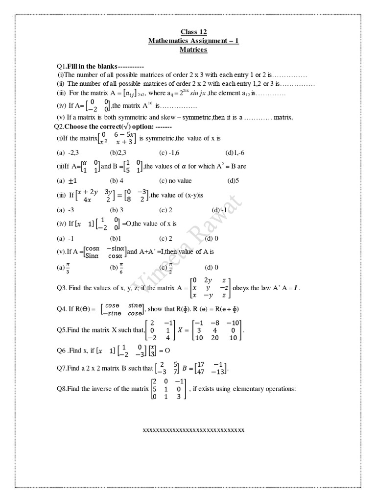 Assignment 1 Matrices New 22-05-2019 | PDF | Matrix (Mathematics ...