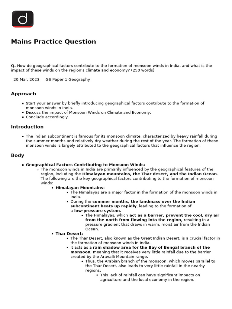 Mains Practice Question: Approach | PDF | Monsoon | Himalayas