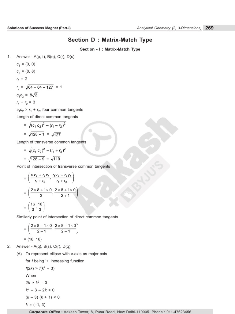 Section D: Matrix-Match Type: Solutions of Success Magnet (Part-I) Analytical Geometry (2, 3 ...