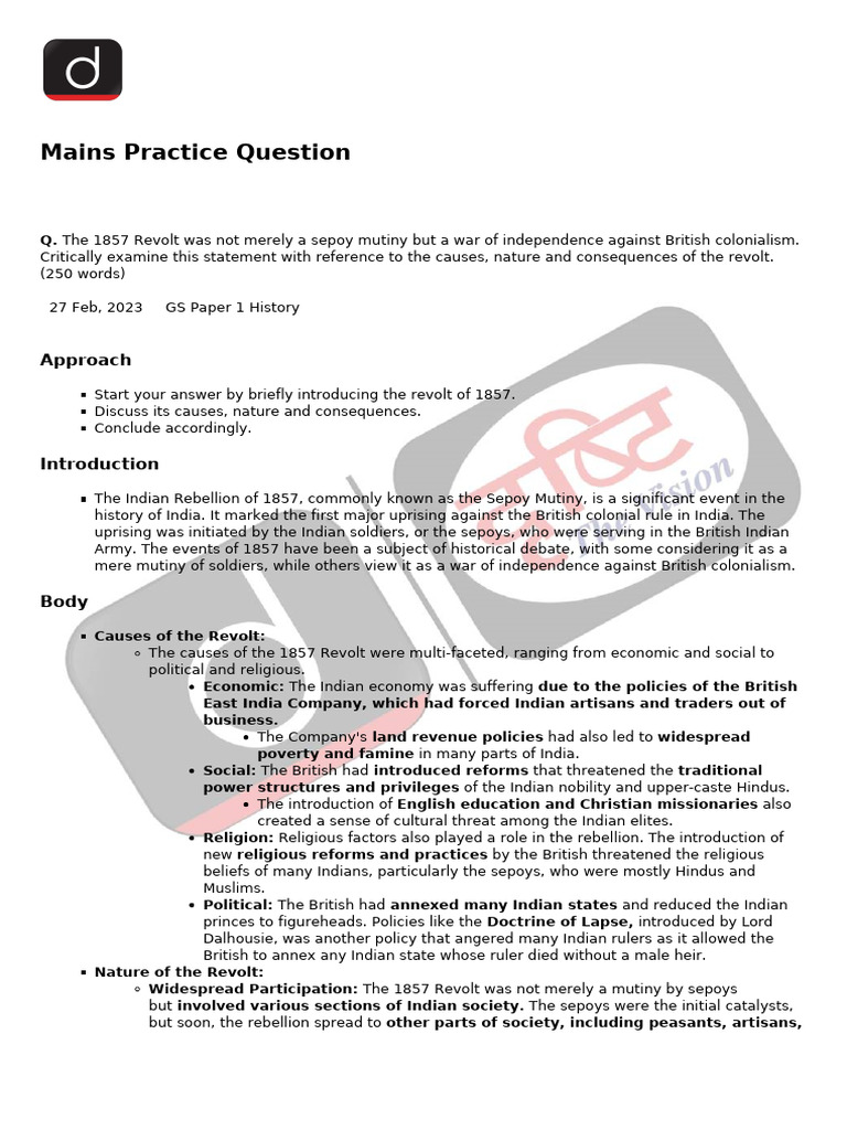 Mains Practice Question: Approach | PDF | Indian Rebellion Of 1857 | British Raj
