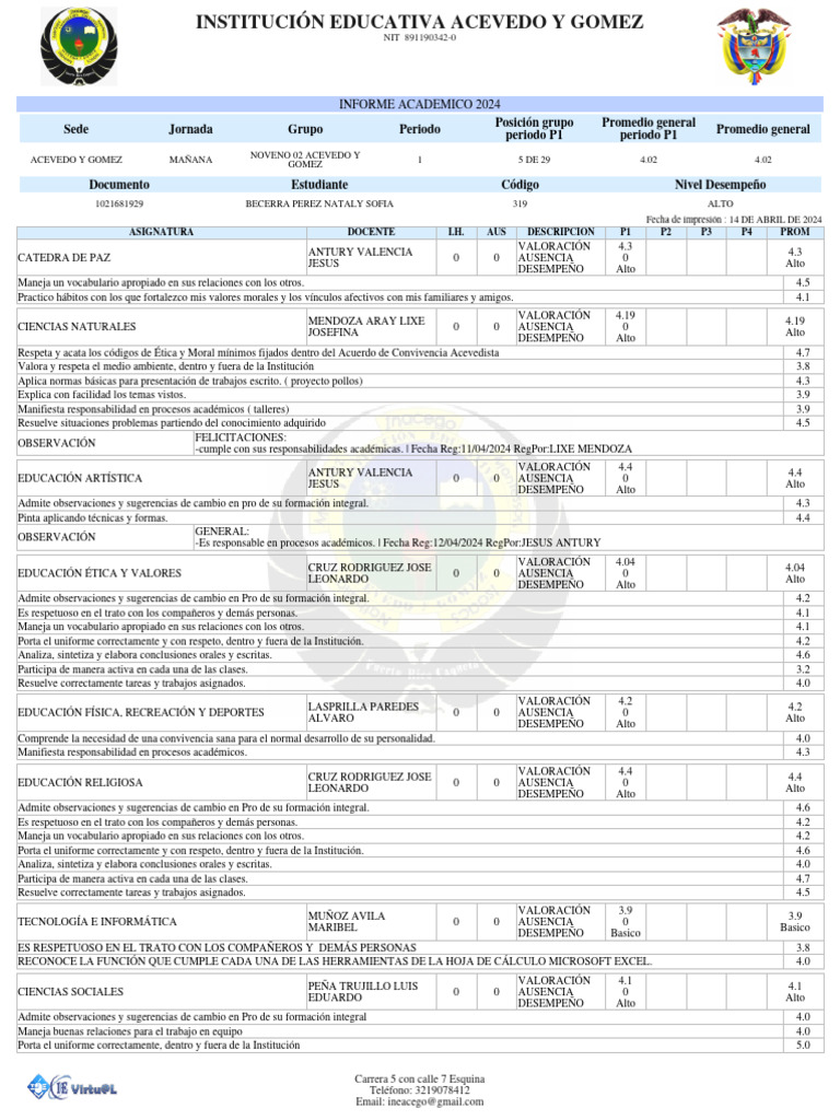 Boletin Academico Nataly Sofia Becerra Perez | PDF
