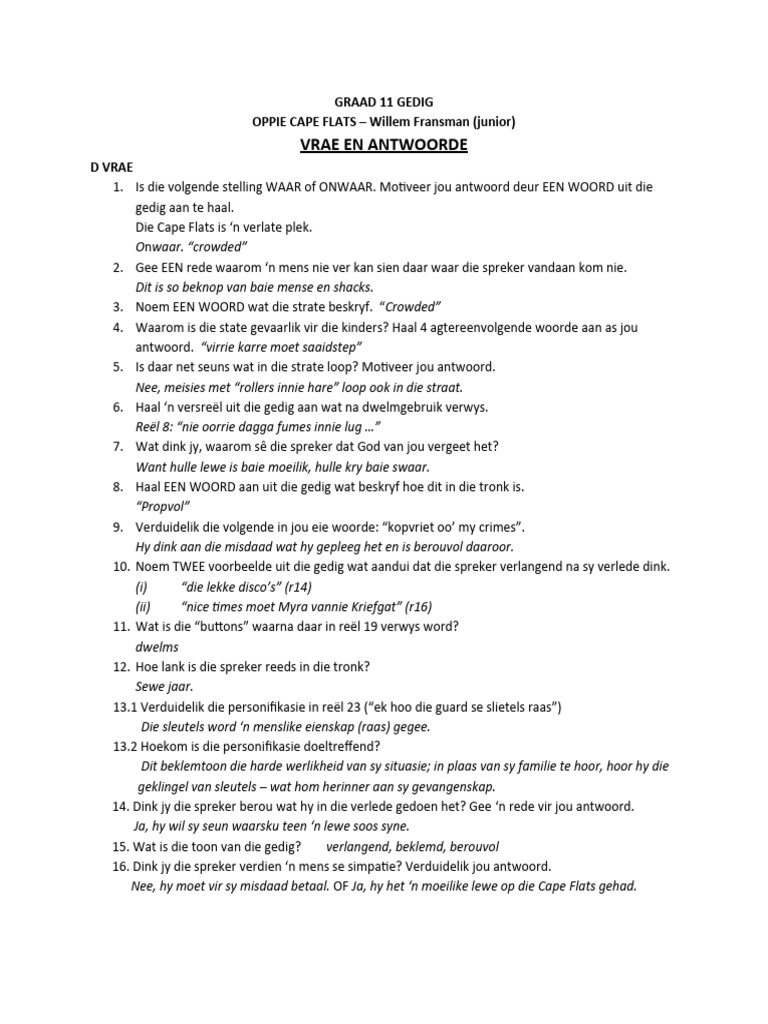 MEMO - Oppie Cape Flats - Vrae | PDF