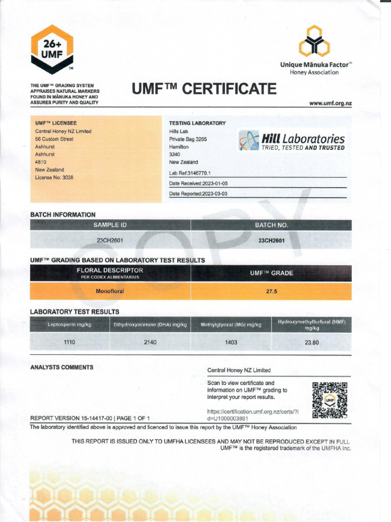 UMF + Certificate of Analysis | PDF