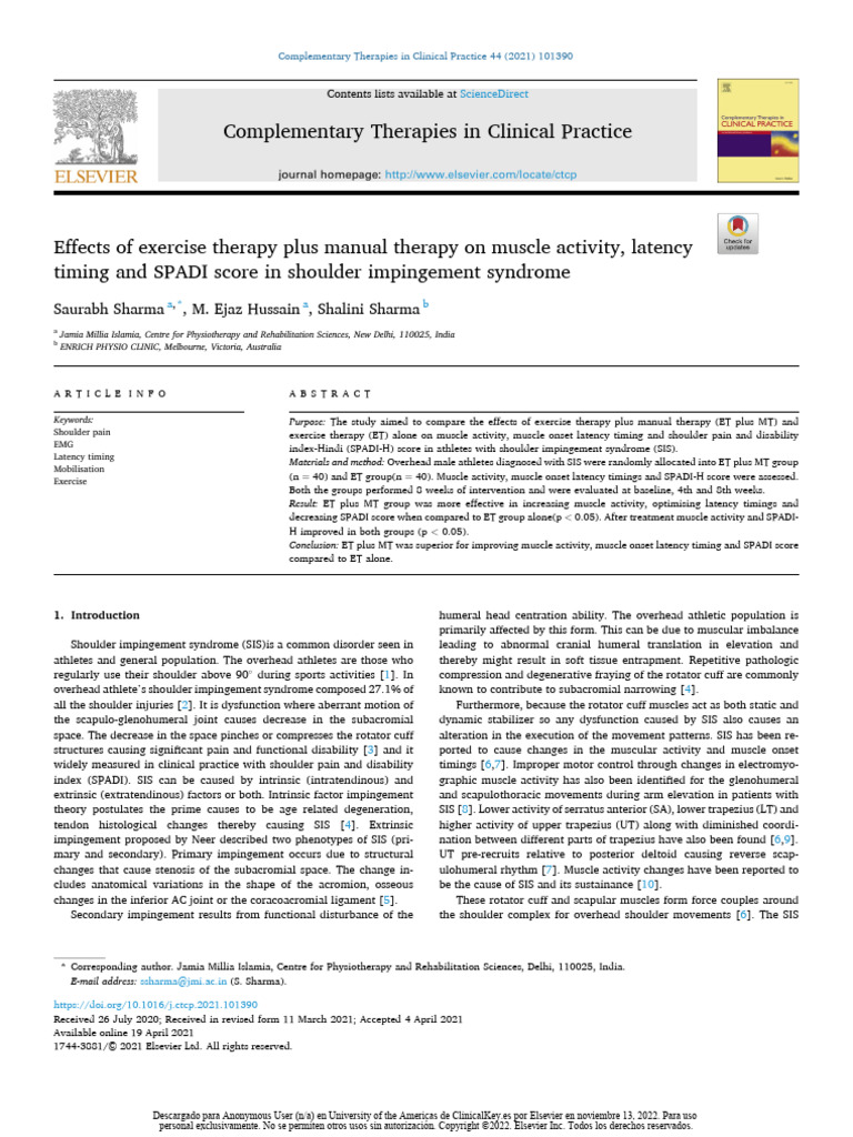 Effects of Exercise Therapy Plus Manual Therapy On Muscle Activity, Latency Timing and SPADI ...