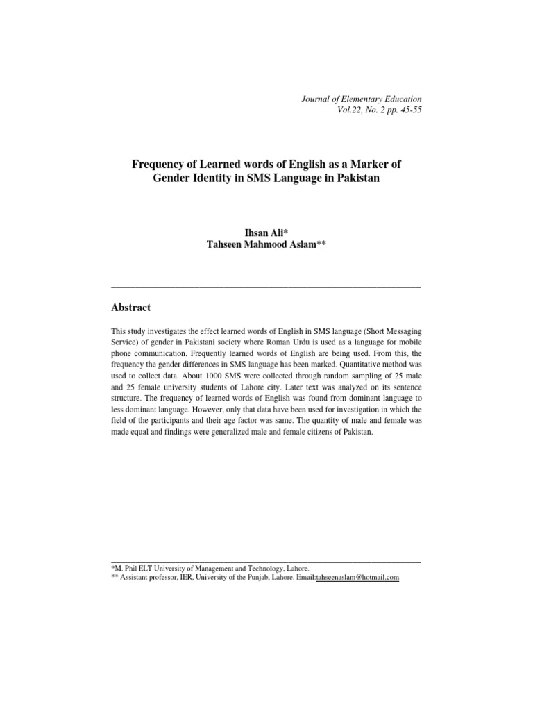 Frequency of Learned Words of English As A Marker of Gender Identity in ...