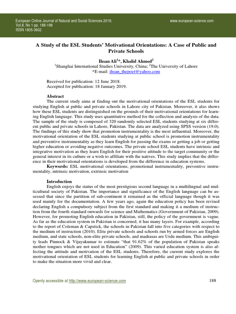A Study of The ESL Students' Motivational Orientations A Case of Public and and Private Schools ...