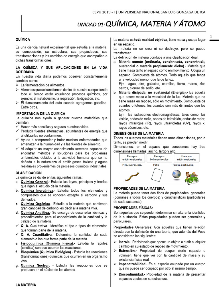 UNIDAD 01- QUÍMICA MATERIA Y ÁTOMO | PDF | Importar | Átomos