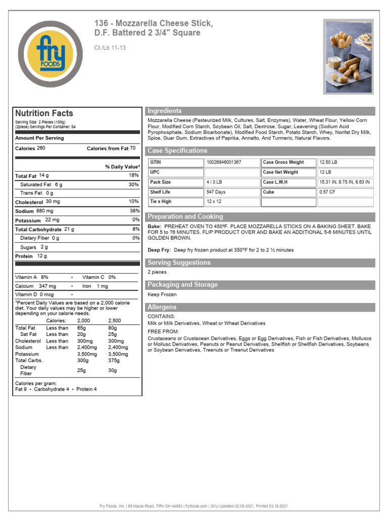 136 Mozzarella Cheese Stick DFBattered 234 Square | PDF | Fat | Starch