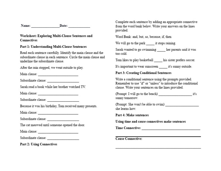 Exploring Multi-Clause Sentences and Connectives Worksheet | PDF ...
