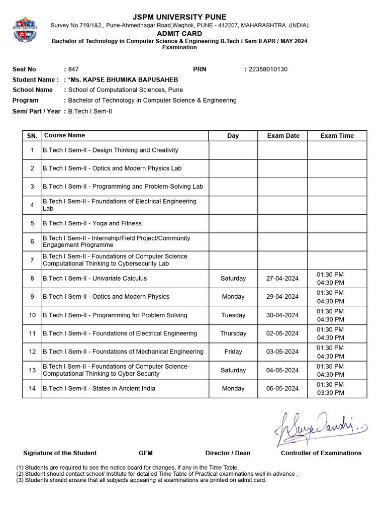 Hall Ticket bhumika sem 2 | PDF | Computing | Engineering