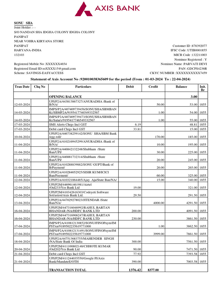 Axis Bank Account Statement Mar-Apr 2024 | PDF | Banks | Debit Card