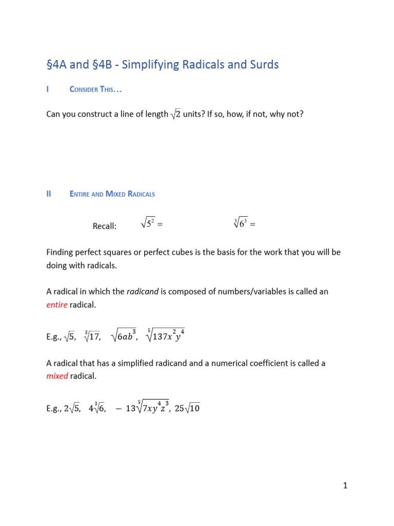 Grade 10 4AB Simplifying Radicals Surds | PDF | Algebra | Number Theory