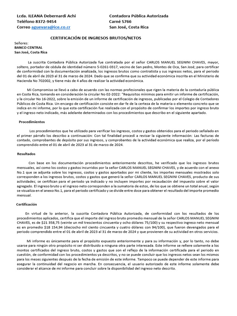 Certificación de Ingresos de Segnini | PDF | Contador