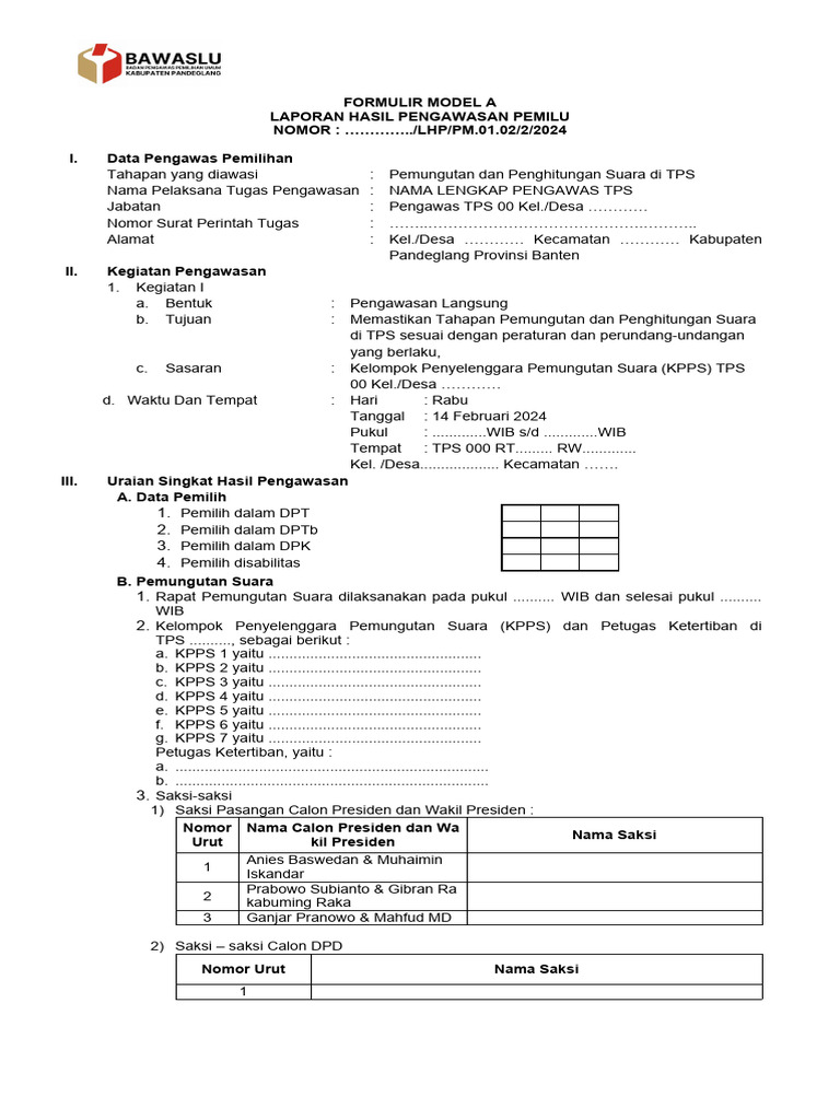 Contoh Pengisian FORM.A - PTPS | PDF