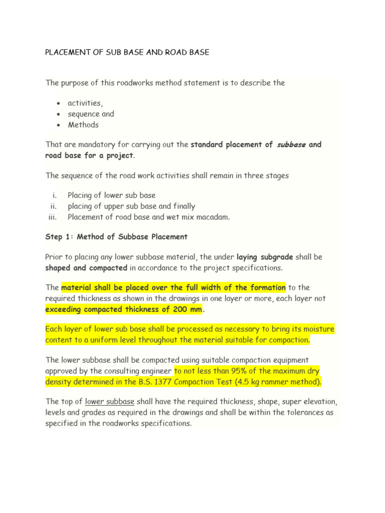 ROAD CONSTRUCTION-PLACEMENT OF SUB BASE AND ROAD BASE | PDF | Road ...