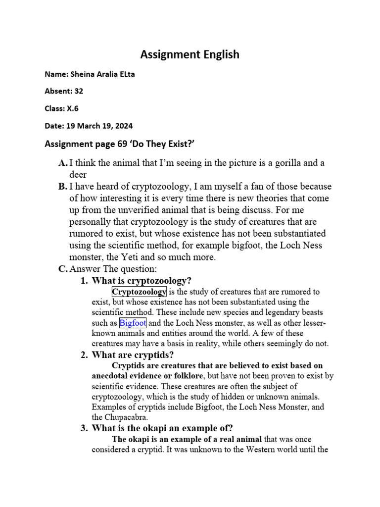 Assignment English Sheina AE 32 | PDF | Cryptozoology | Bigfoot