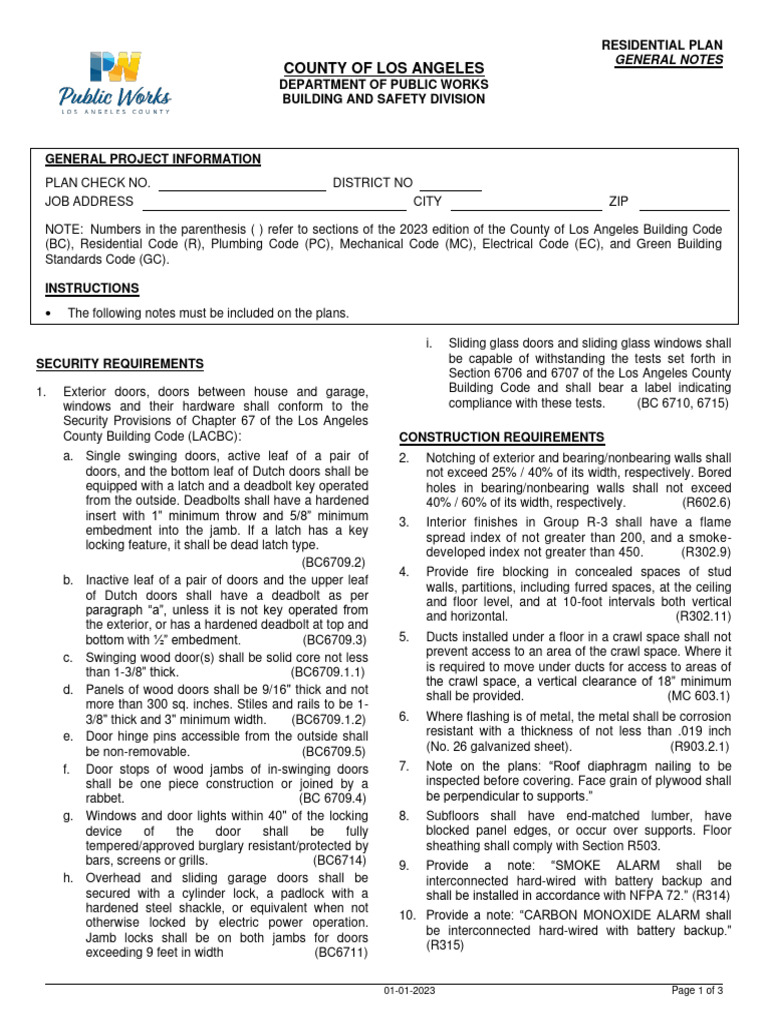 Residential Plan General Notes | PDF | Door | Duct (Flow)