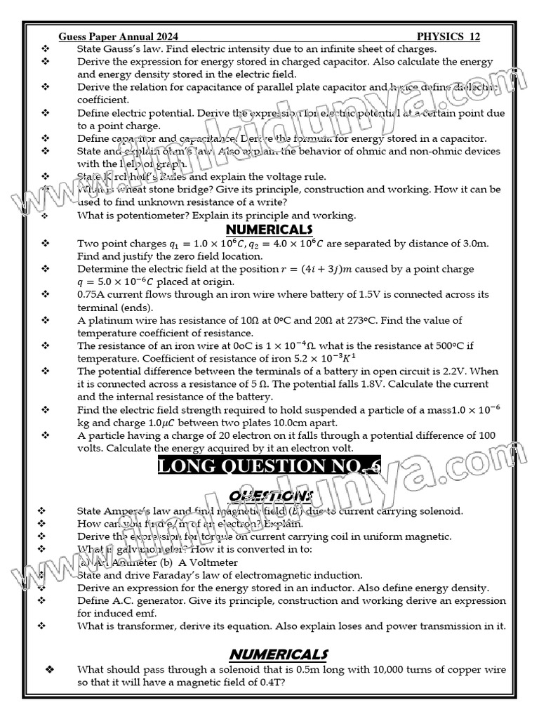 12th Class Guess Papers 2024 Phy Long | PDF | Inductor | Capacitor