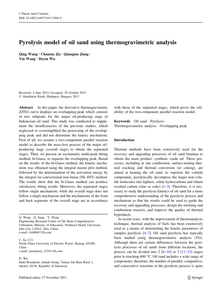 Pyrolysis Model of Oil Sand Using Thermogravimetric Analysis | PDF ...