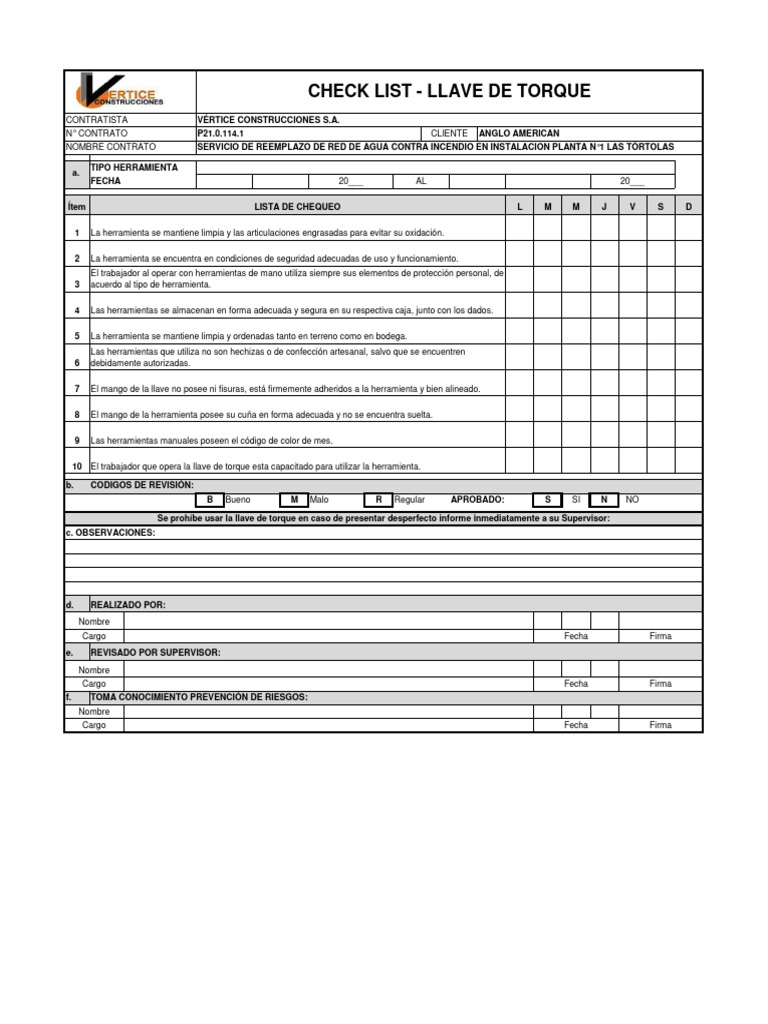 Check List Llave de Torque | PDF