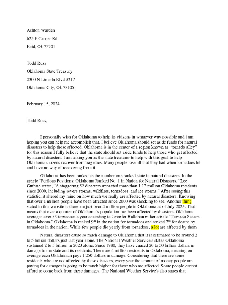 letter to an authority | PDF | National Weather Service | Tornadoes