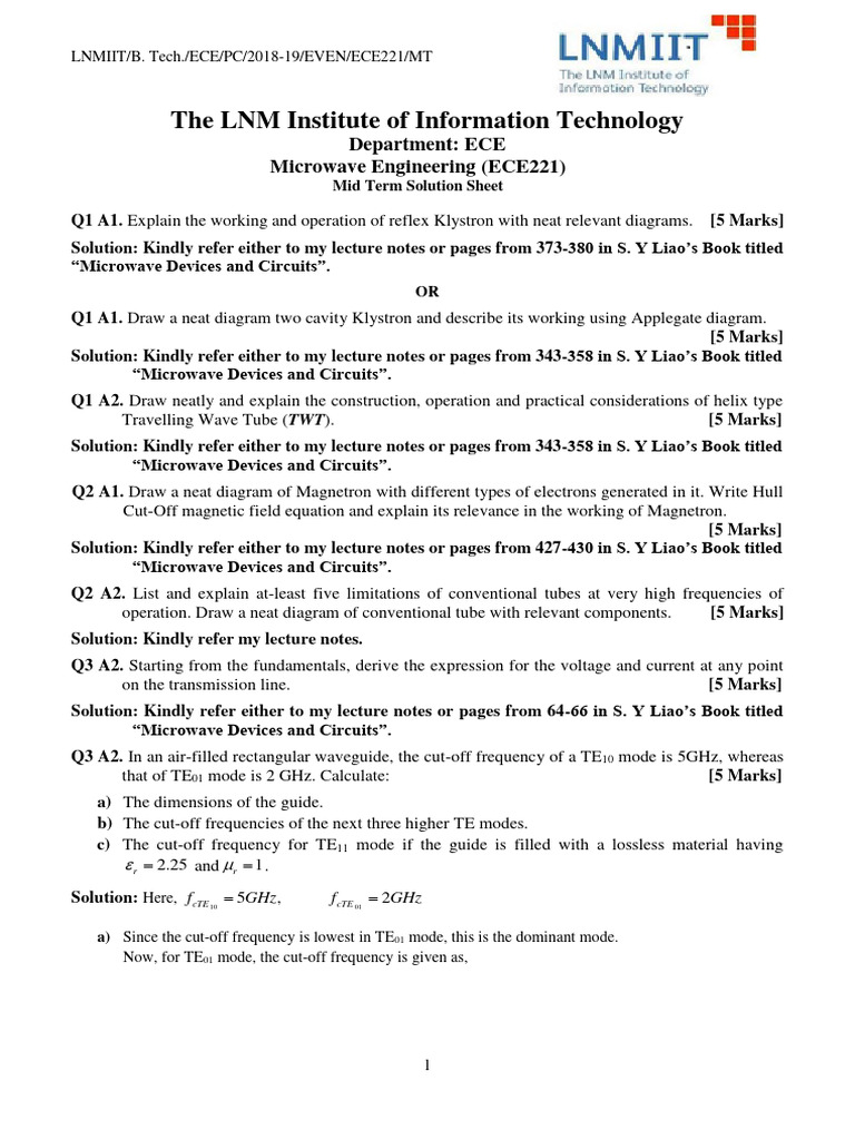 Microwave Engineering Mid Semester Solution Sheet | PDF | Microwave | Waveguide